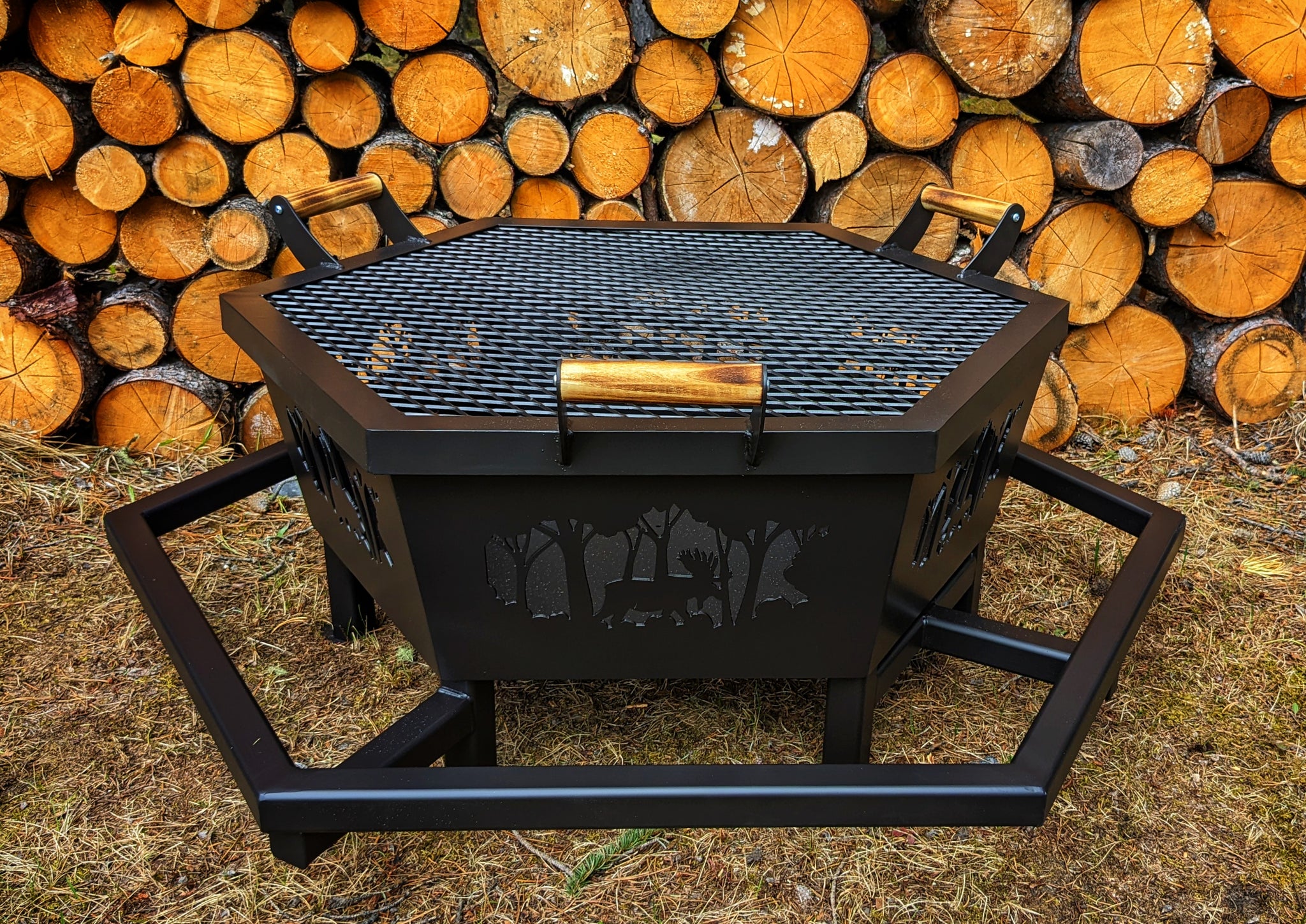Deluxe Hexagon Firepit with Footrest & Lid - Customizable Steel Outdoor ...